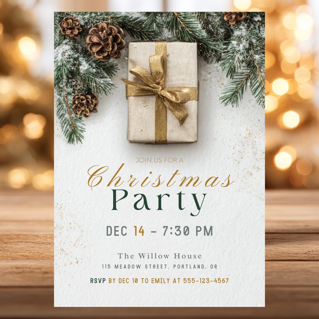 Rustic Christmas Party Invitation, Gold Gift Holiday Invite Template ...