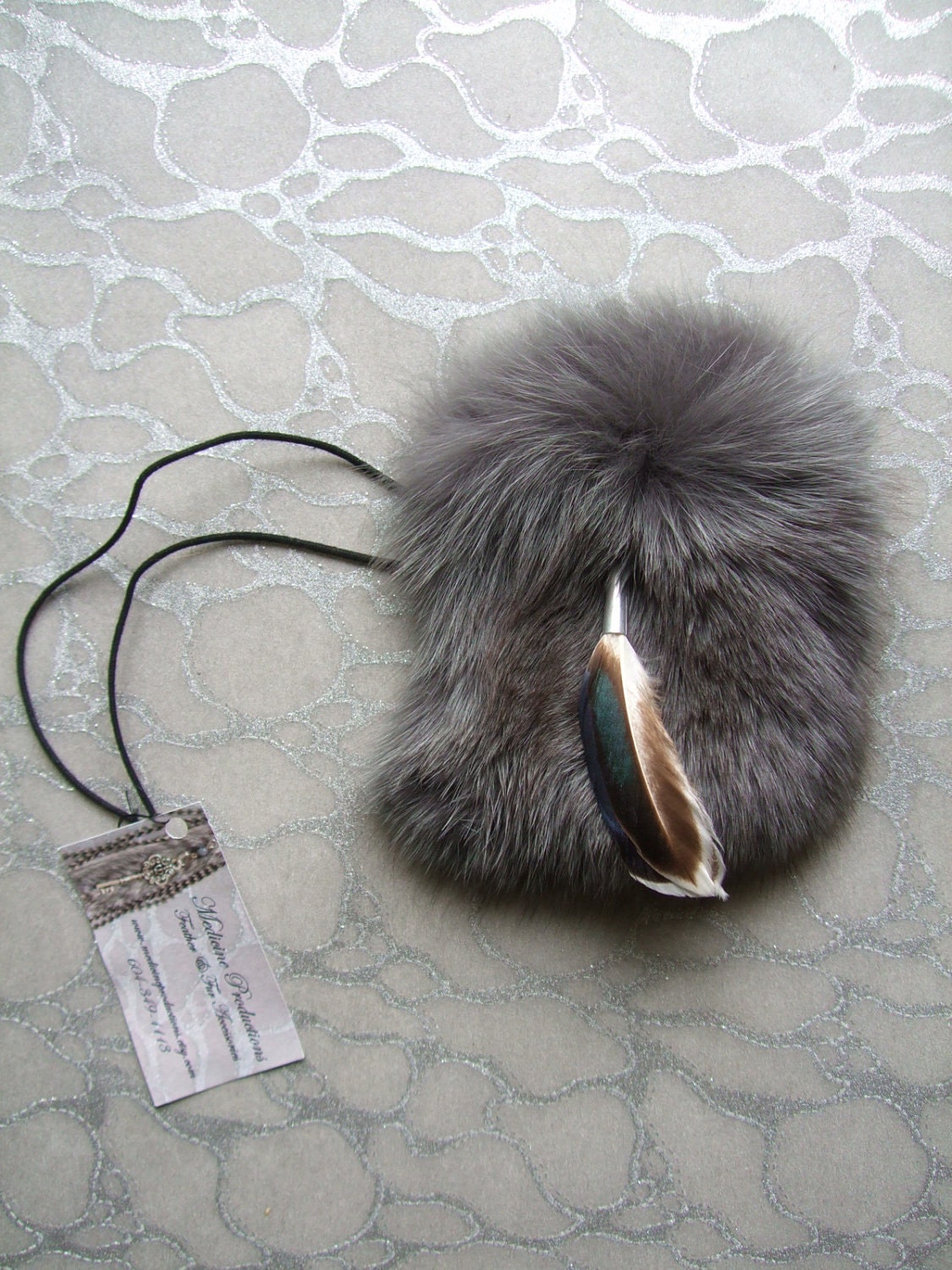 Feather and Fur Pouch / Medicine Bag Upcycled Fox Dyed Grey W Mallard ...