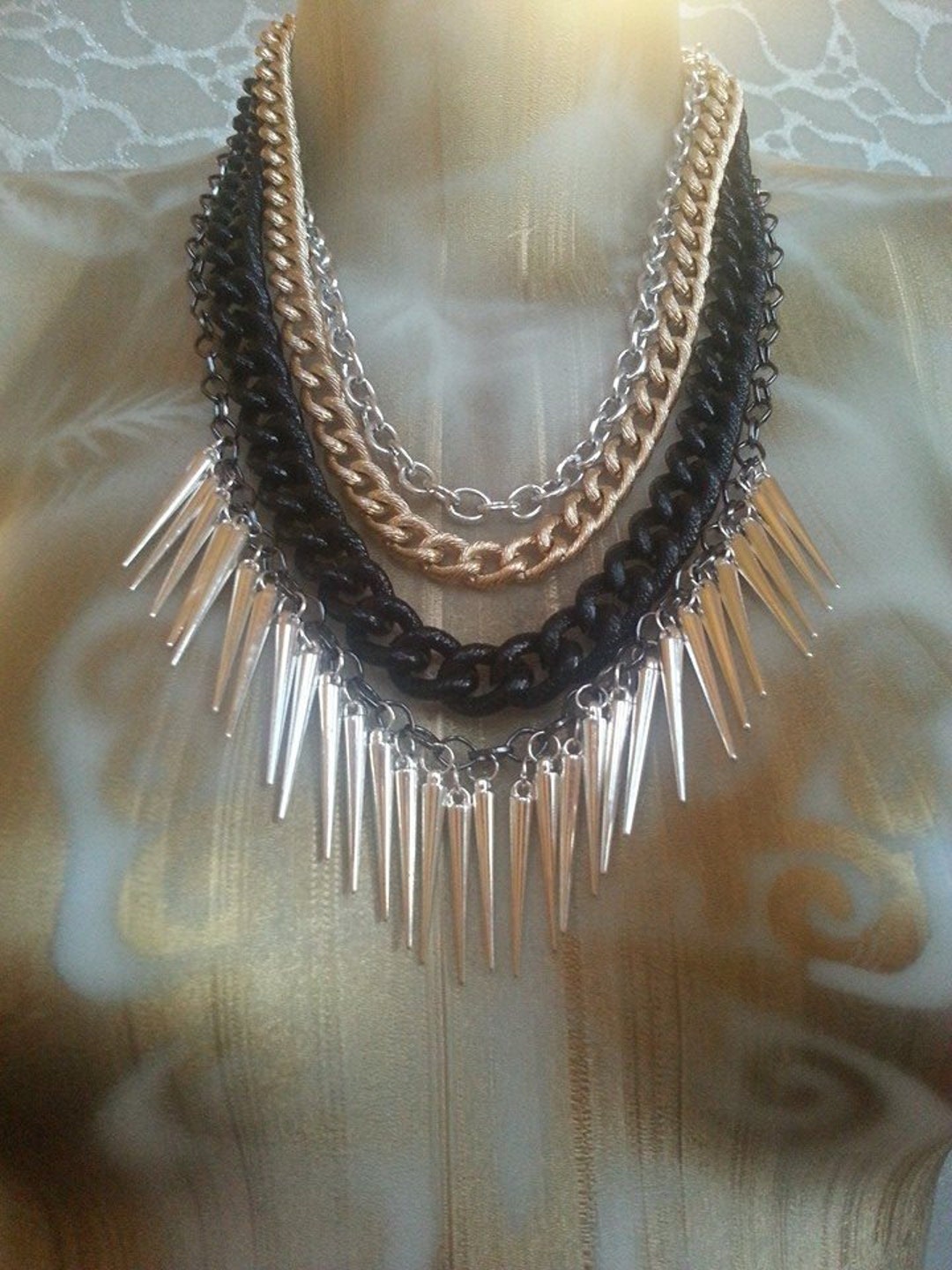 Chunky Layered Chains Necklace W Spike Fringe, Four Chains Gold, Silver ...