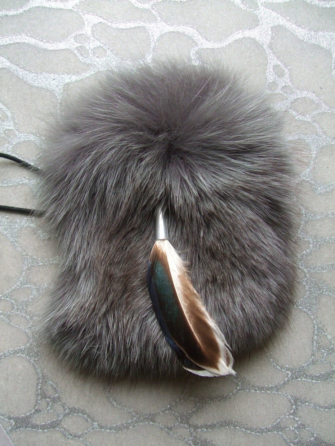 Feather and Fur Pouch / Medicine Bag Upcycled Fox Dyed Grey W Mallard ...