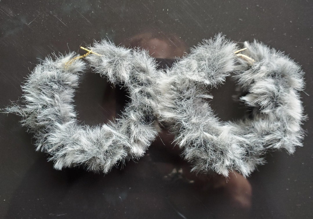 Grey White Fake Mink Fluffy Faux Fur Fun Macrame Woven Large Hoop ...