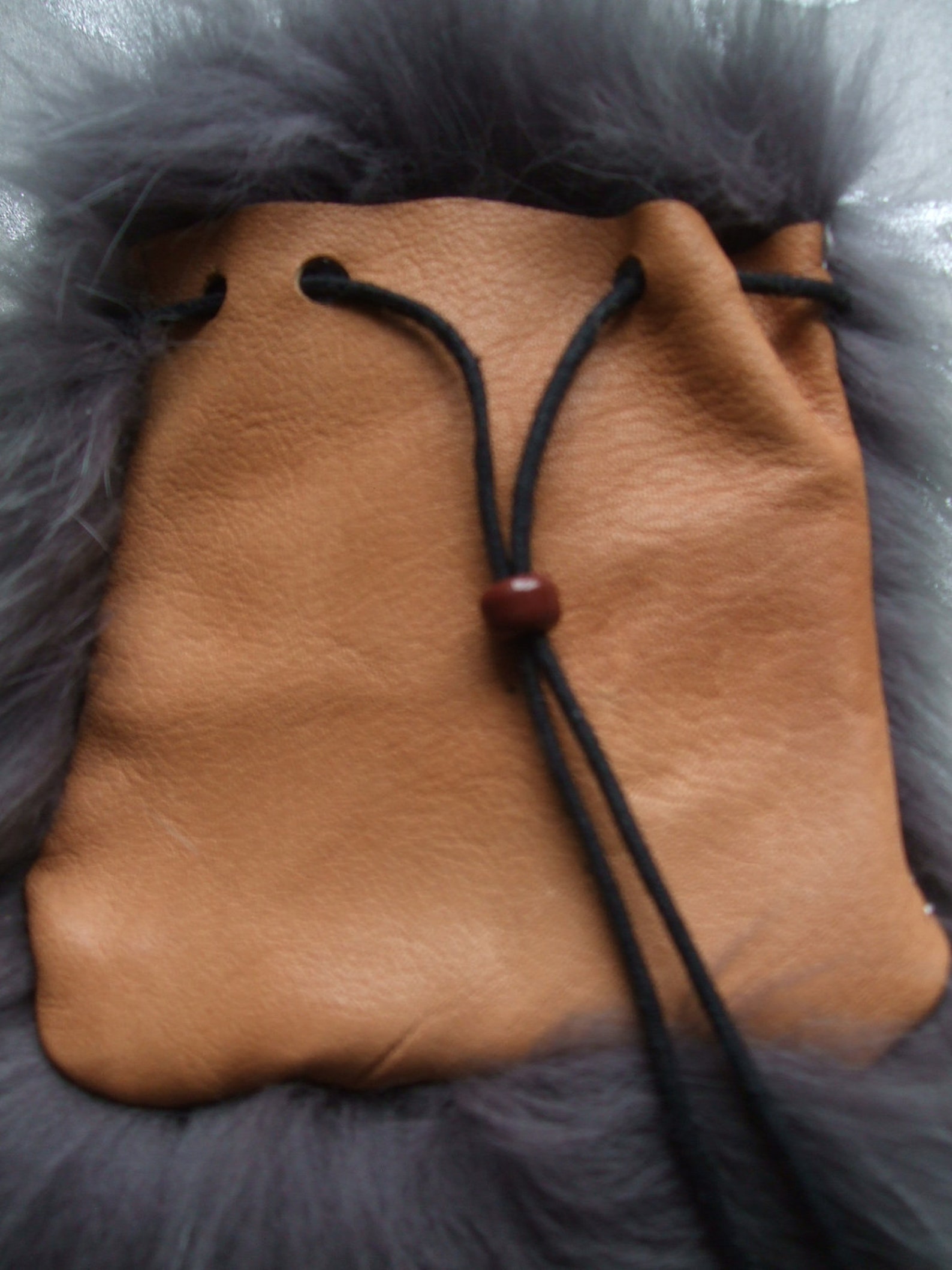 Feather and Fur Pouch / Medicine Bag Upcycled Fox Dyed Grey W Mallard ...