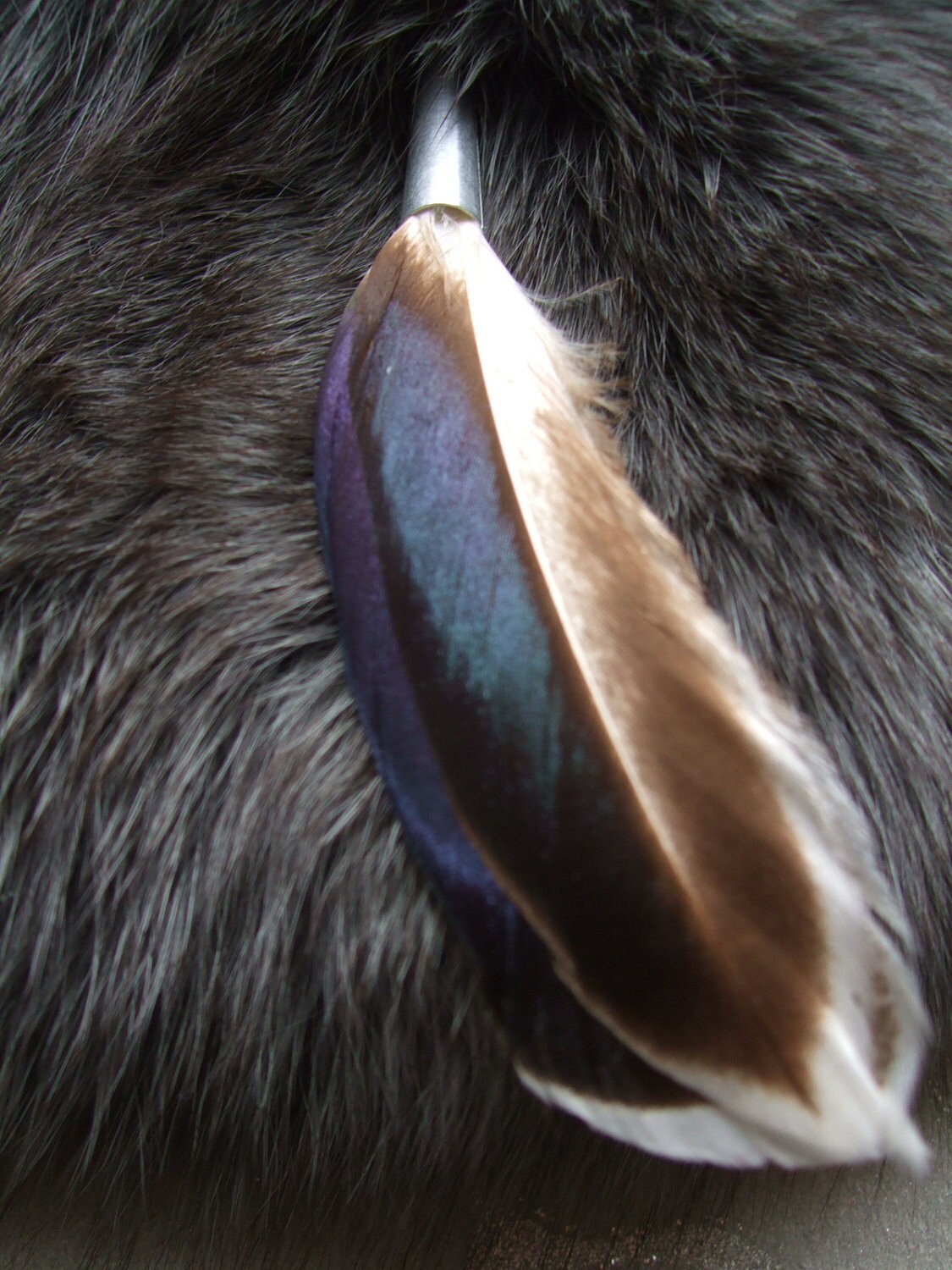 Feather and Fur Pouch / Medicine Bag Upcycled Fox Dyed Grey W Mallard ...