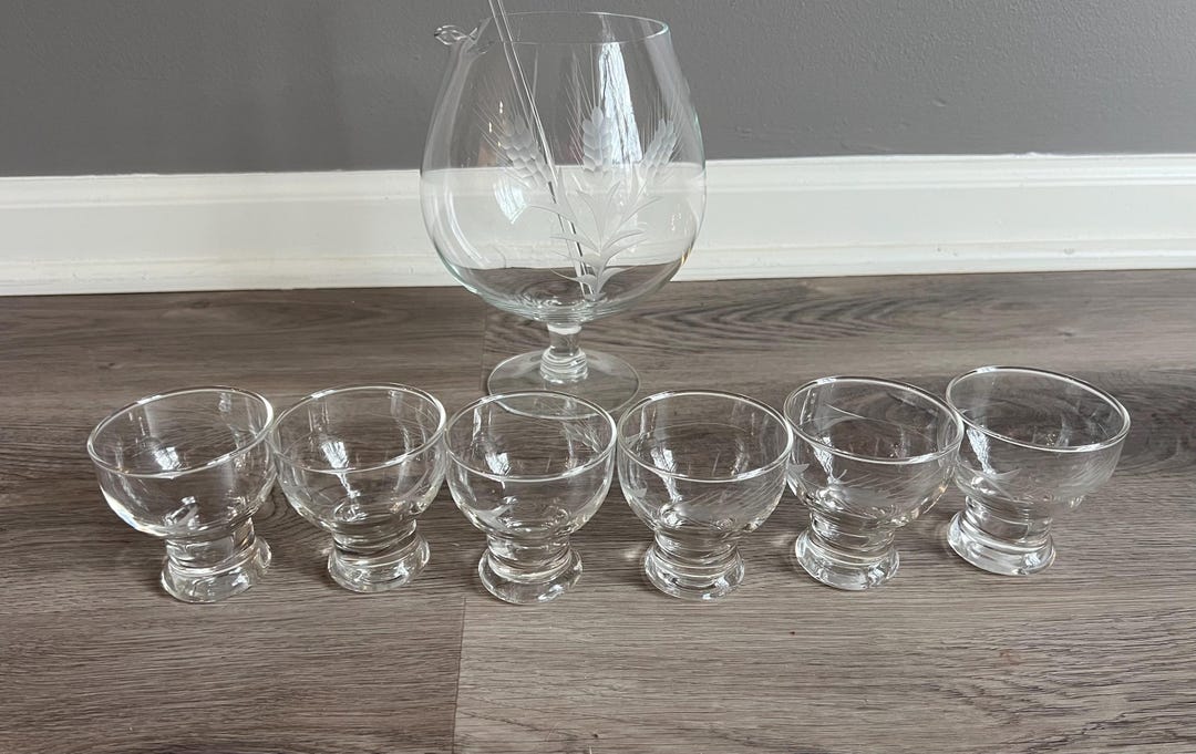 Vintage Etched Glass Punch Bowl Set – 8 Pieces – Wheat Pattern – With ...