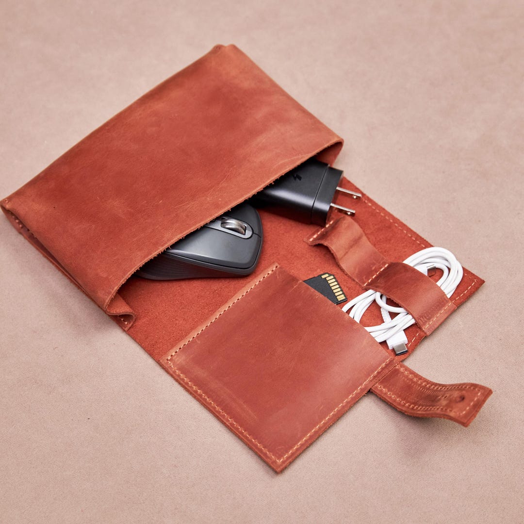 Personalized Leather Cable Case, Leather Charger Organizer, Travel ...
