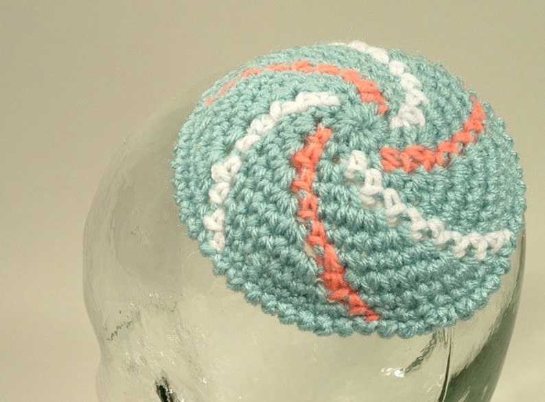Handmade Crochet Sports Kippah Yarmulke Aqua Coral White Matching Child Free Ship U.S. - Etsy