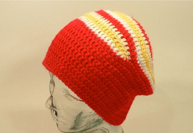 Beanie Hat Cap Thin Layer Red Yellow Stripe Light Soft Crochet Nautilus ...