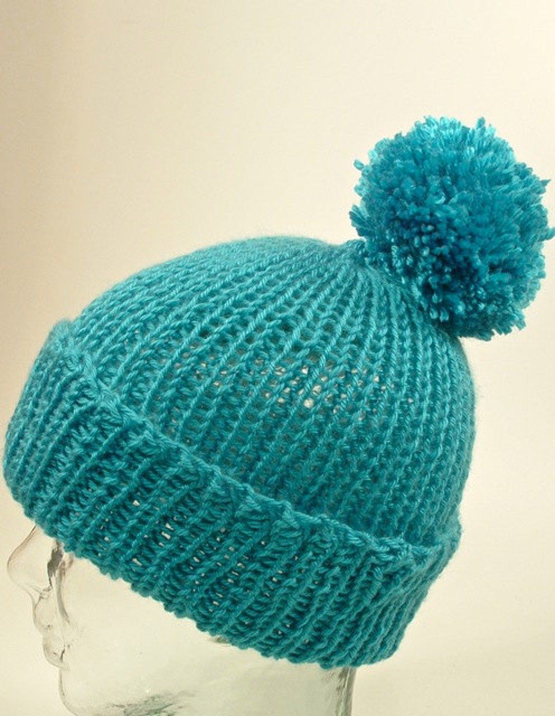 Womens Knit Hat Beanie Tuque Blue Turquoise Slouch Cuff Selfie Pom ...