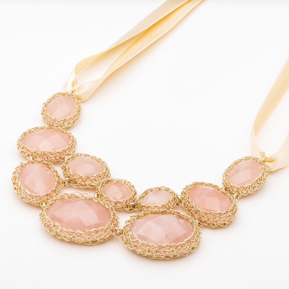 Pink Statement Necklace Gold Wedding Necklace Rose Quartz Etsy