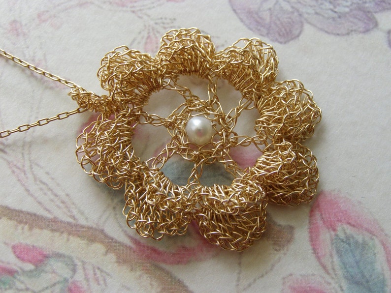 Crochet Flower Pendant, Goldfilled Wire, Freshwater Pearl Flower ...
