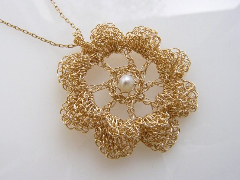 Crochet Flower Pendant, Goldfilled Wire, Freshwater Pearl Flower ...