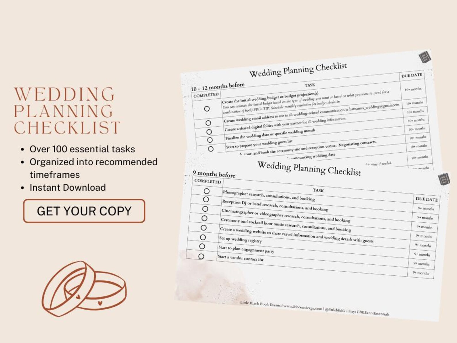 Ultimate Wedding Planning Checklist - 12+ Month Planner | Printable PDF ...
