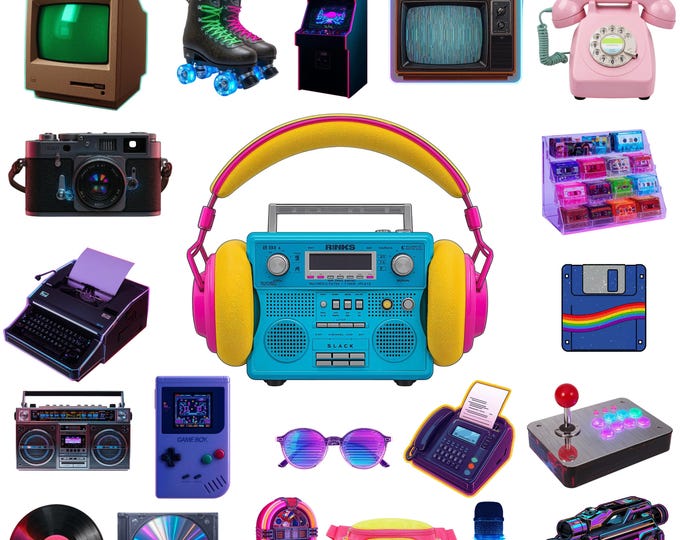 80s Retro Tech 46 PNG Clipart Bundle, Neon Vaporwave Gadgets, Cassette ...