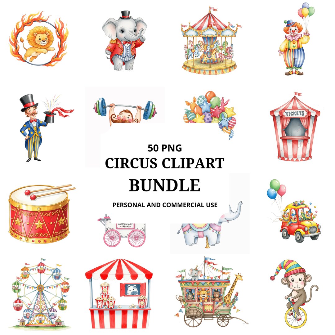 Circus Clipart Bundle | Watercolor Carnival Graphics | Cute Animal ...