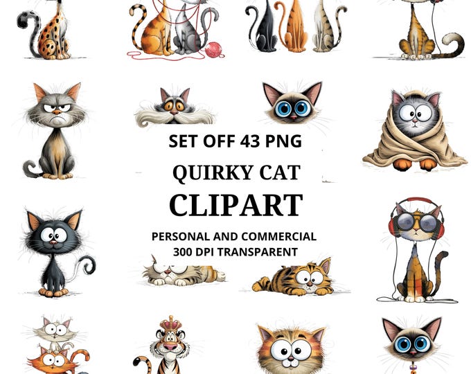 Quirky Cat Clipart Set – 43 PNG Cute Kitten Graphics, Funny Cartoon Cat ...
