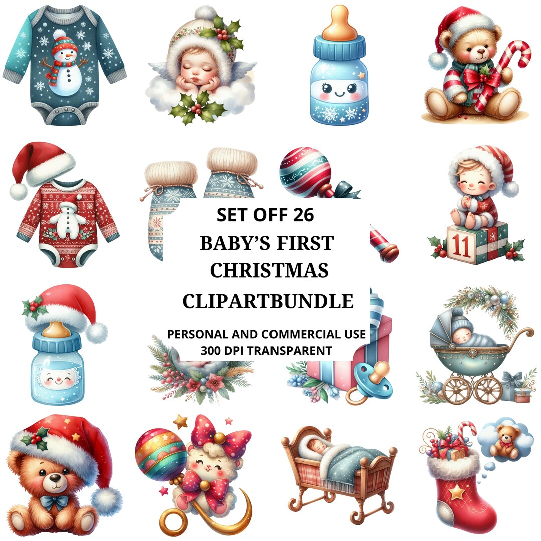 Baby First Christmas Clipart PNG Bundle – 26 Holiday Designs, Baby Sock ...