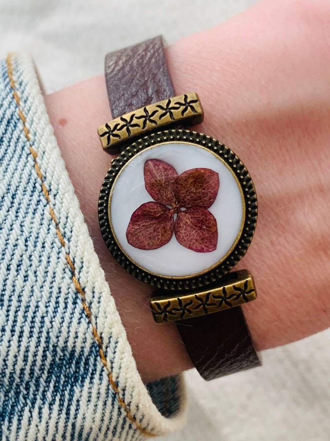 Pressed Hydrangea Resin Bracelet With Leather Band – Real Flower ...