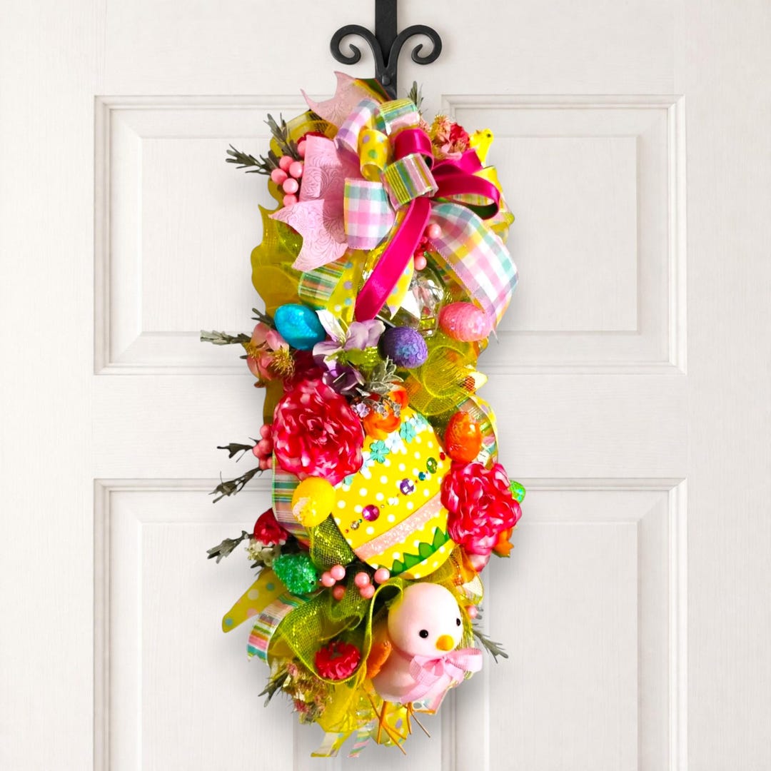 Easter Chick Wreath, Colorful Spring Door Decor, Easter Egg Swag ...