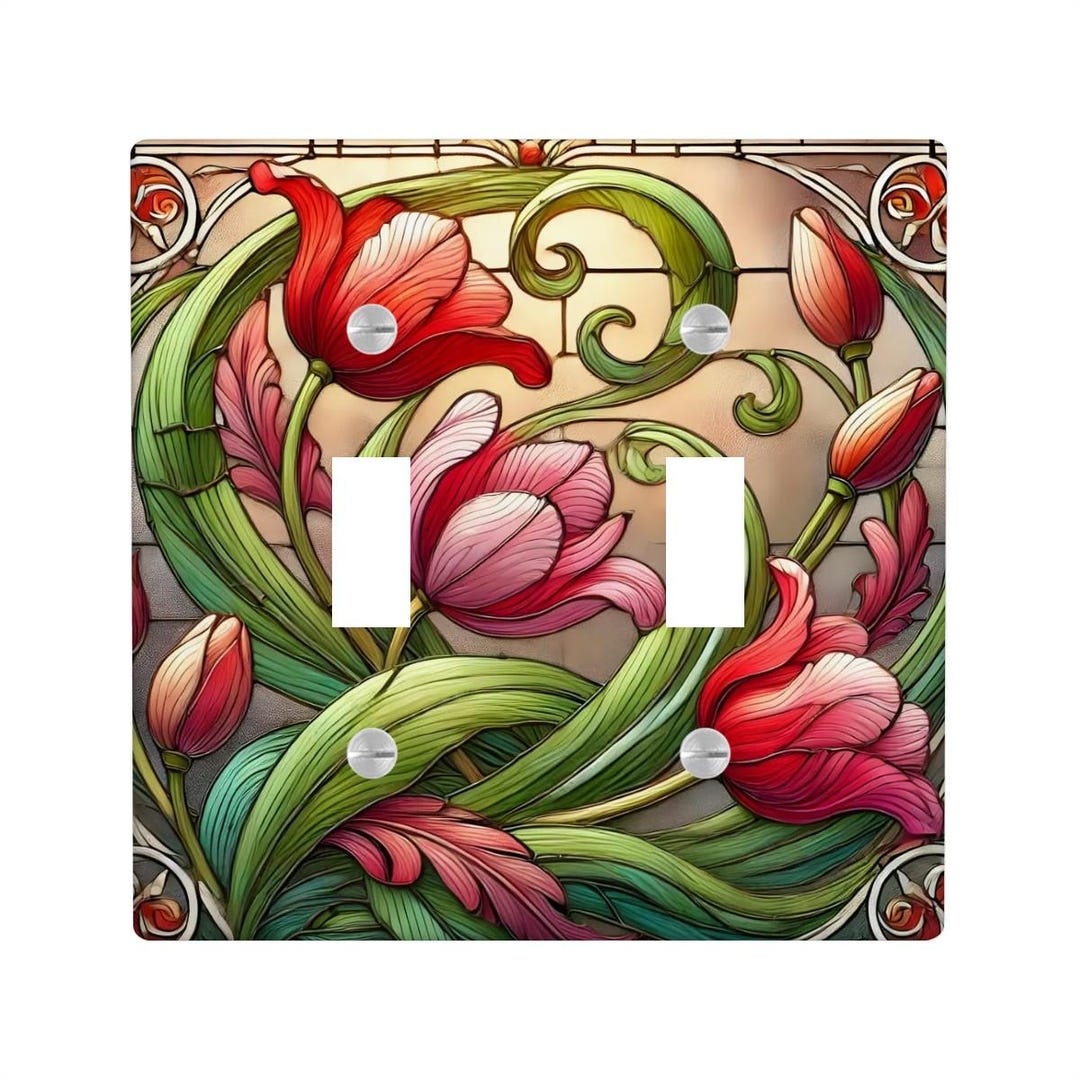 Faux Stained Glass Floral Switch Plate - Elegant Red & Pink Tulip Wall ...