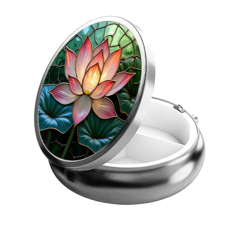 Lotus Flower Pill Box – Stained Glass Style (PRINT) Compact Pill Case ...