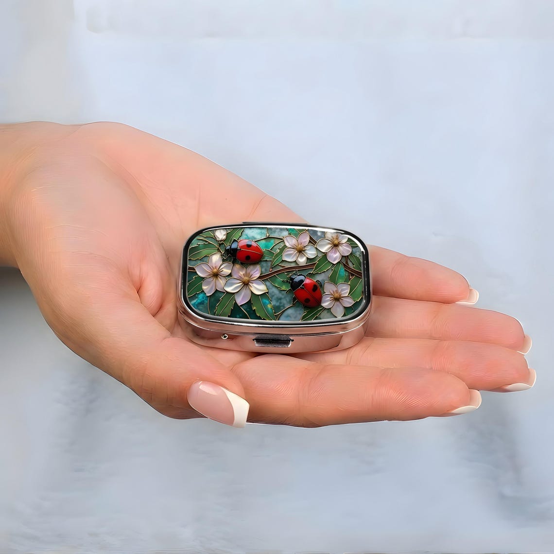 Ladybug Floral Pill Box – Stained Glass Style (PRINT) Travel Pill Case ...