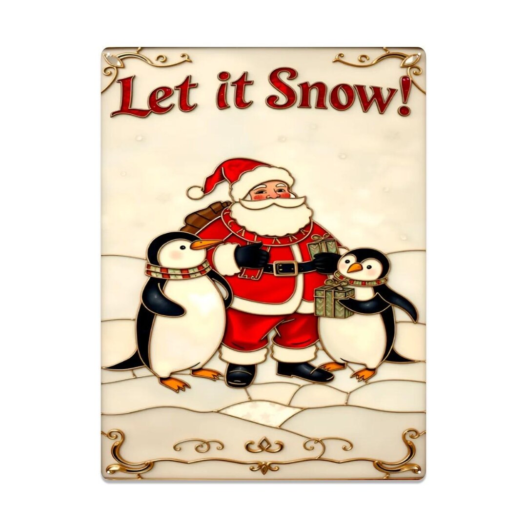 Let It Snow Santa Tin Sign – Christmas Wall Art With Penguins ...