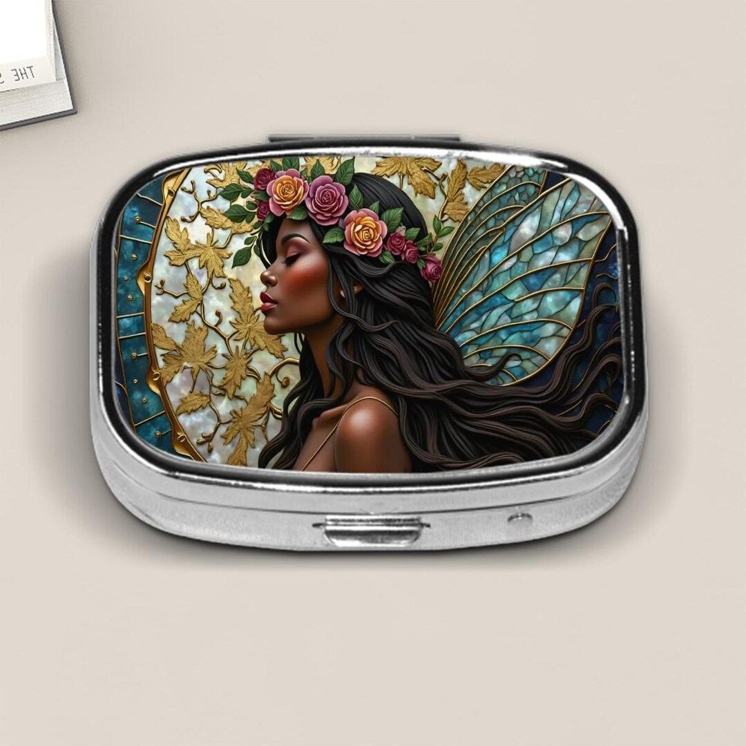 Stained Glass Style Black Fairy Pill Box – Rose Crown Fairy With ...