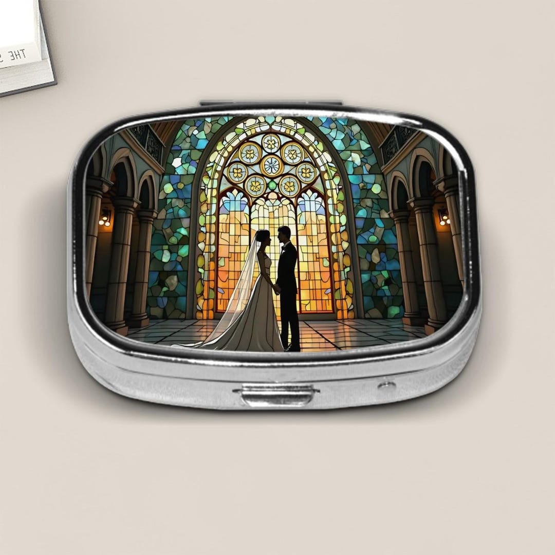 Square Small Stained Glass Style Cathedral Wedding Pill Box Bride and ...
