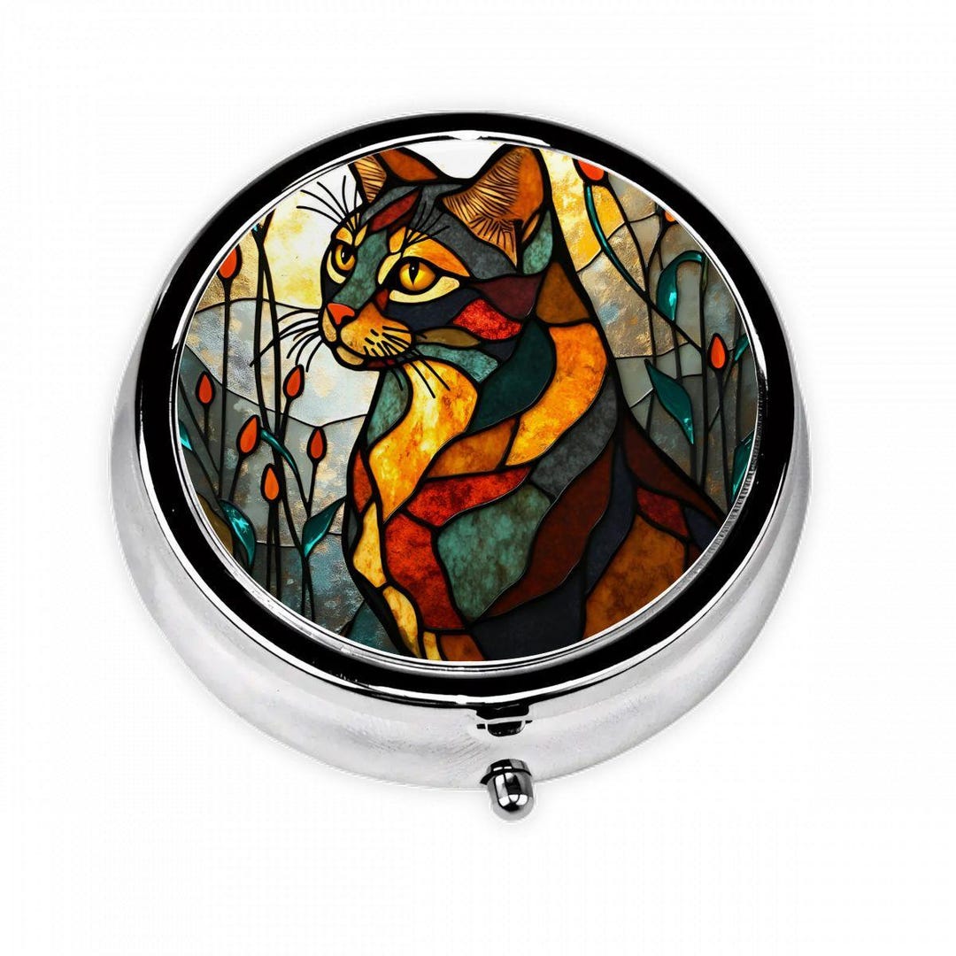 Stained Glass Cat Pill Box – Colorful Mosaic Kitty Travel Pill Case ...
