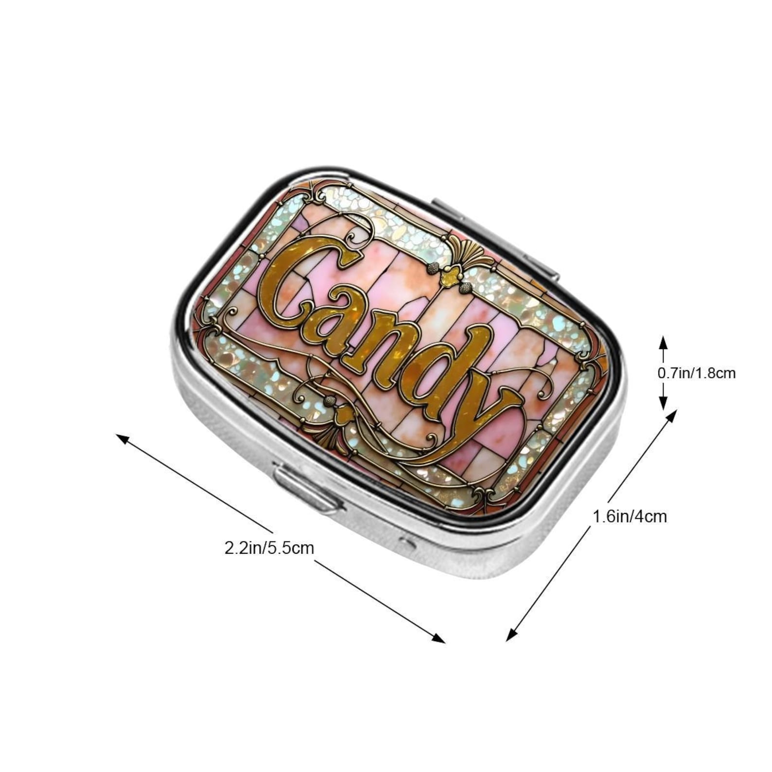 Stained Glass Style (PRINT) Pill Box Pink Vintage Style Metal Case With ...