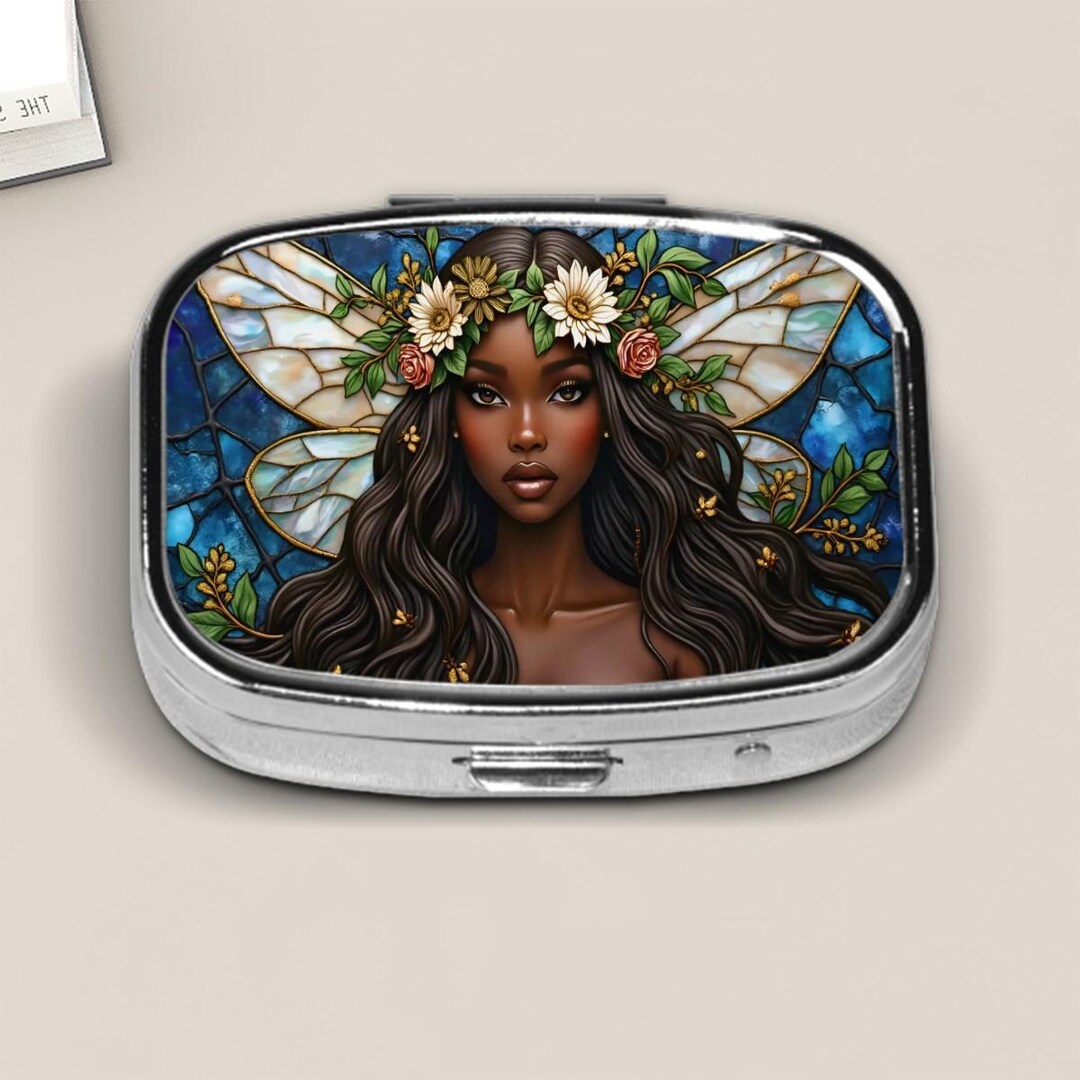 Stained Glass Style Black Fairy Pill Box – Floral Crown Fairy With ...