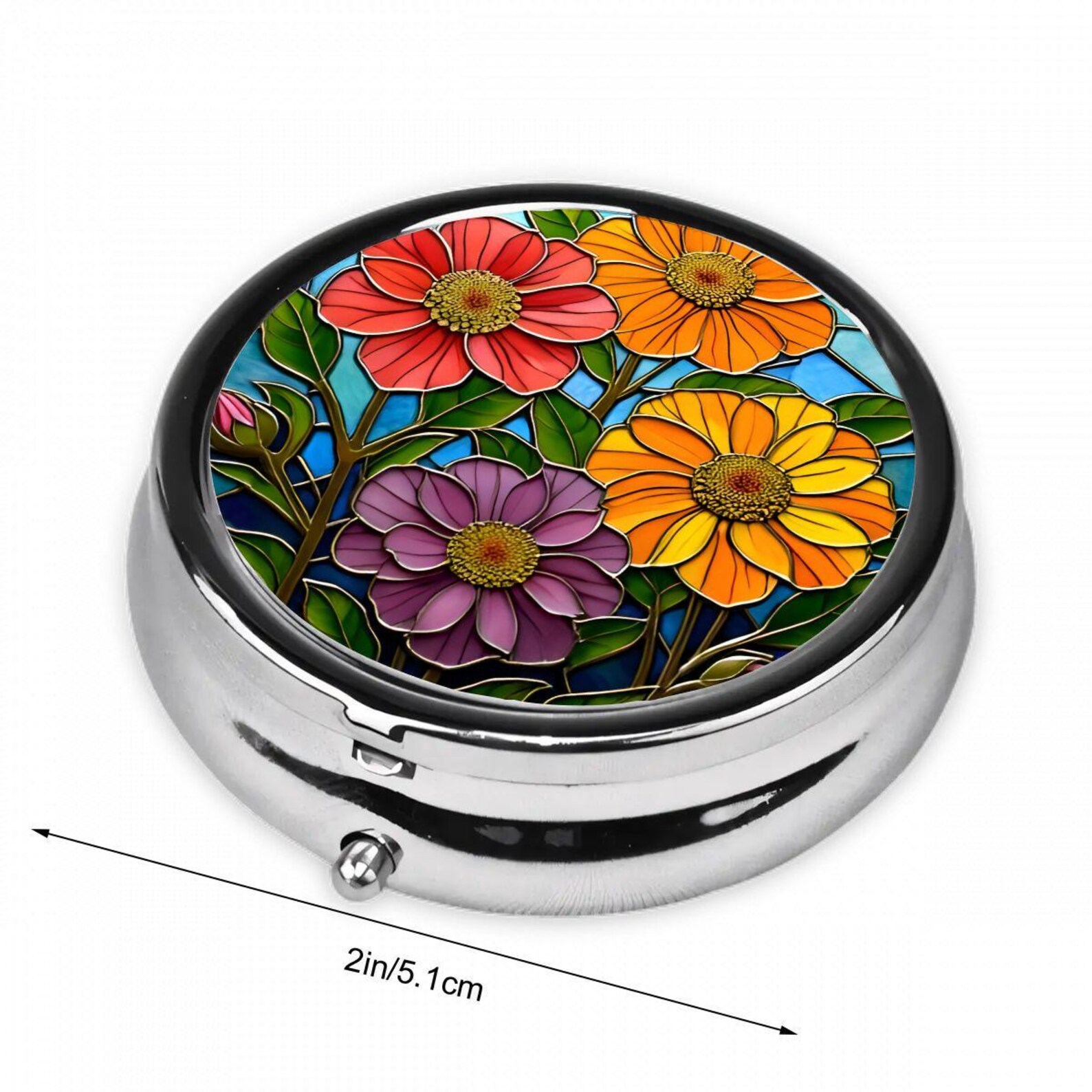 Stained Glass Style Wildflower Pill Box – Round Silver Pocket Pill Case ...