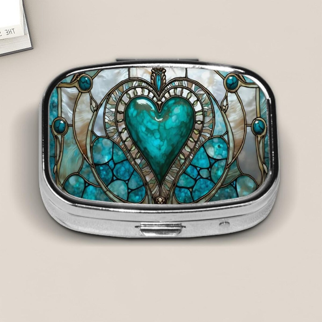 Teal Heart Stained Glass Style Pill Box – Art Nouveau Style Travel Case ...