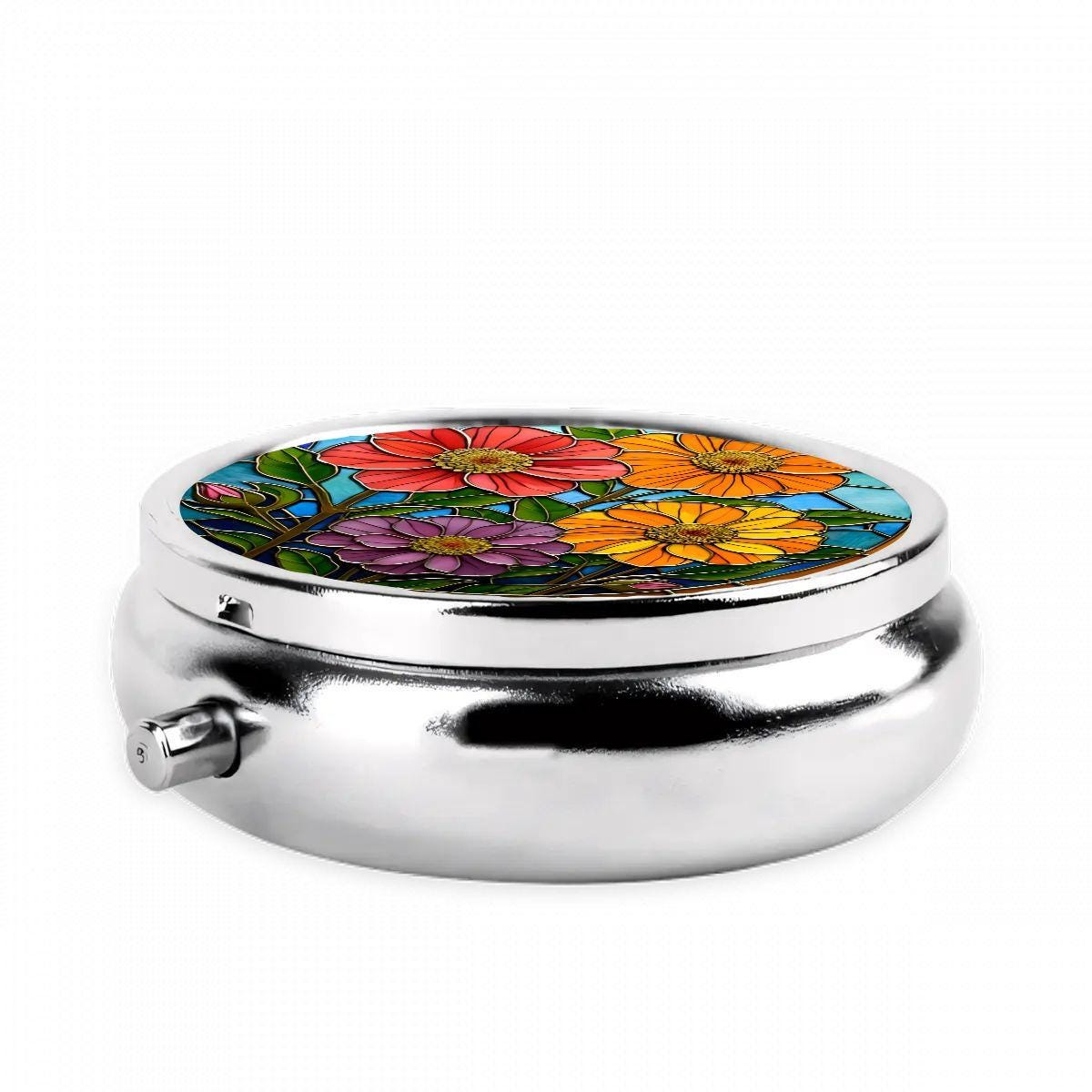 Stained Glass Style Wildflower Pill Box – Round Silver Pocket Pill Case ...