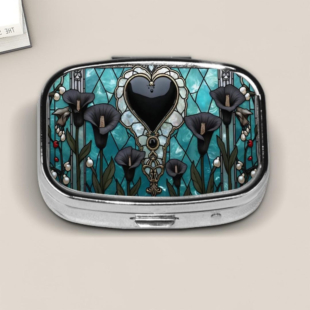Black Heart Gothic Floral Pill Box – Stained Glass Style (PRINT) Lily ...