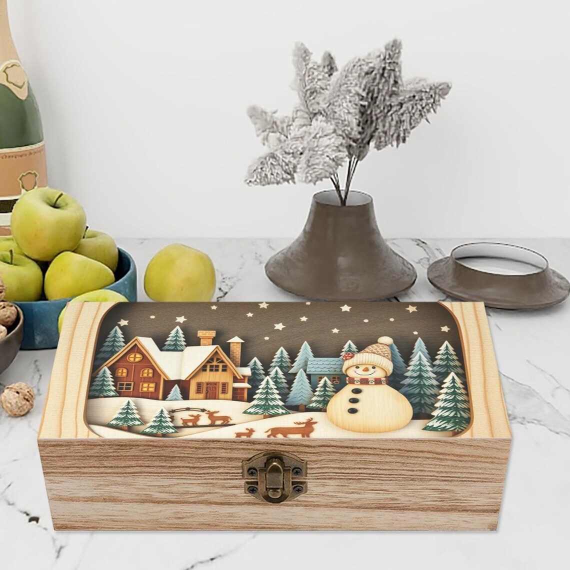 Wooden Christmas Keepsake Box With Snowman and Winter Village Scene ...