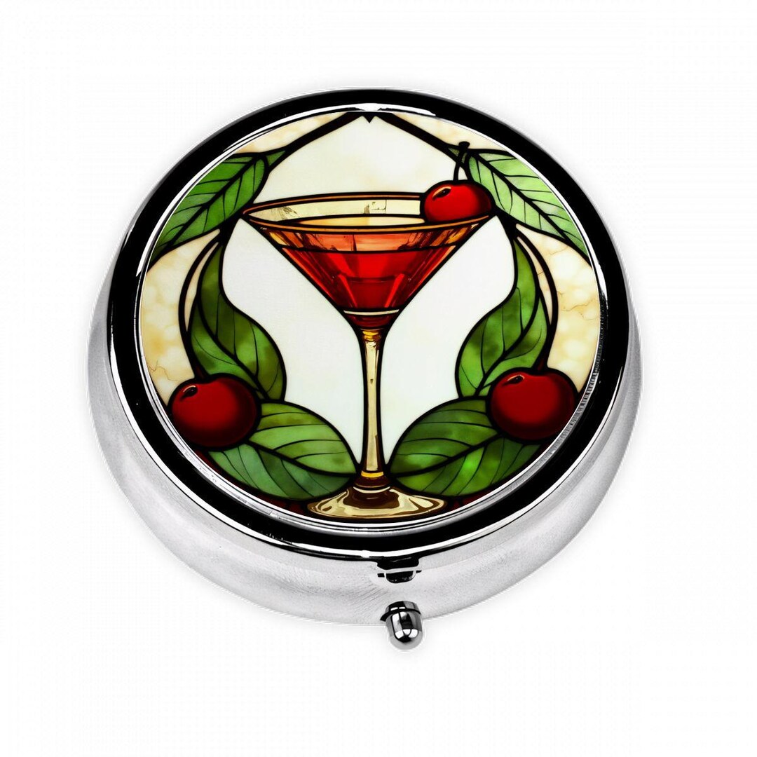 Cherry Martini Stained Glass Pill Case – Elegant Round Metal Travel ...