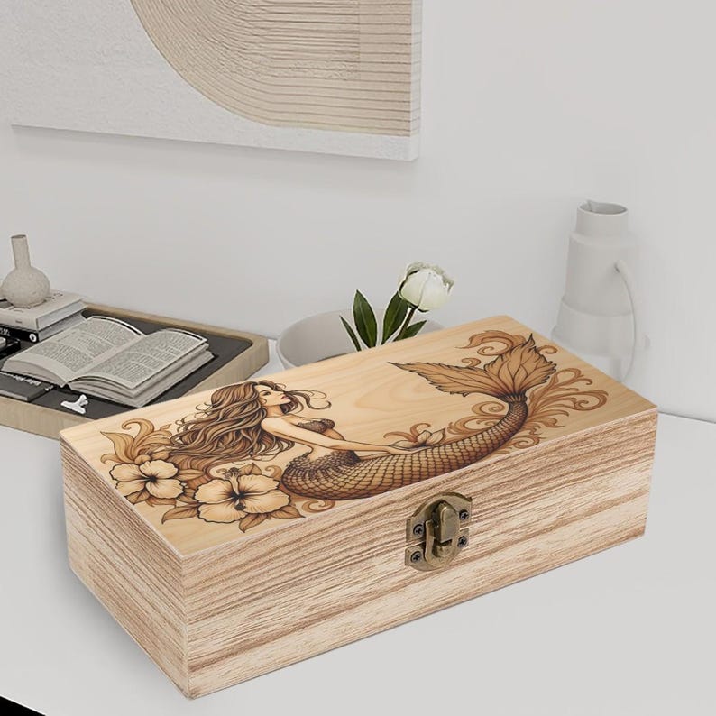 Mermaid Wood Keepsake Box – Floral Pyrography Style Design, Ocean ...