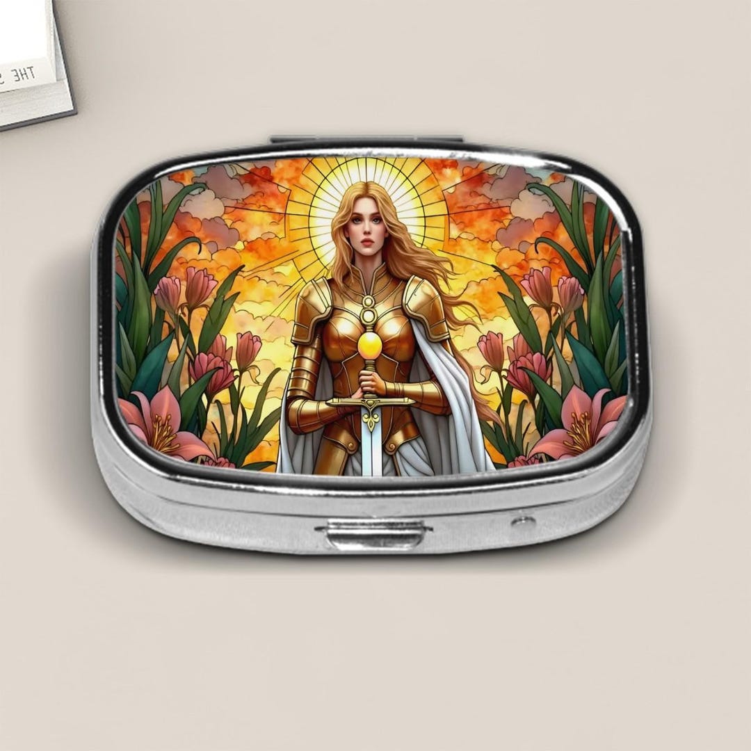 Sun Goddess Pill Box – Fantasy Woman in Gold Armor With Flowers ...