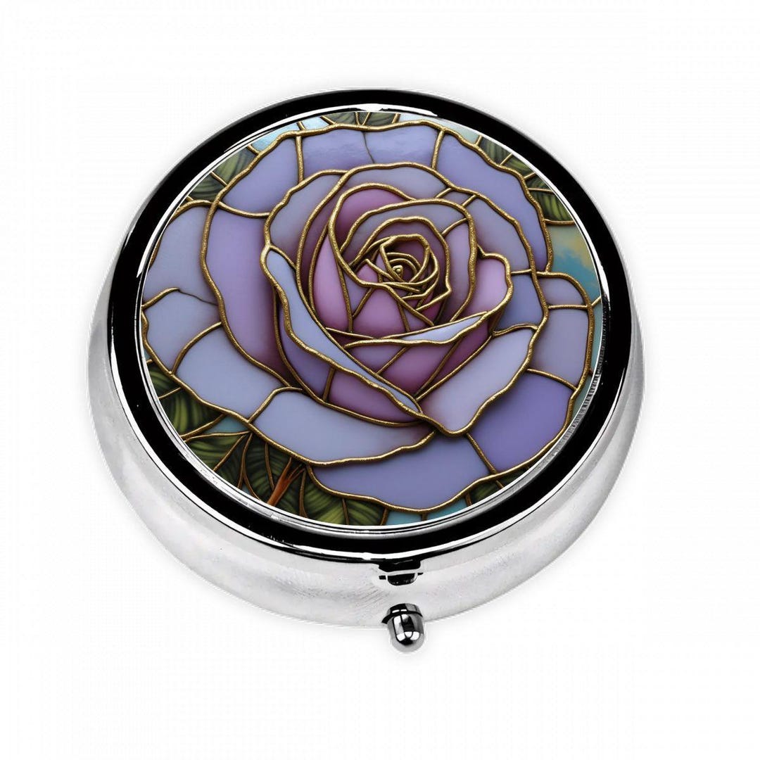 Purple Rose Pill Box – Stained Glass-style Floral Travel Case With Gold ...