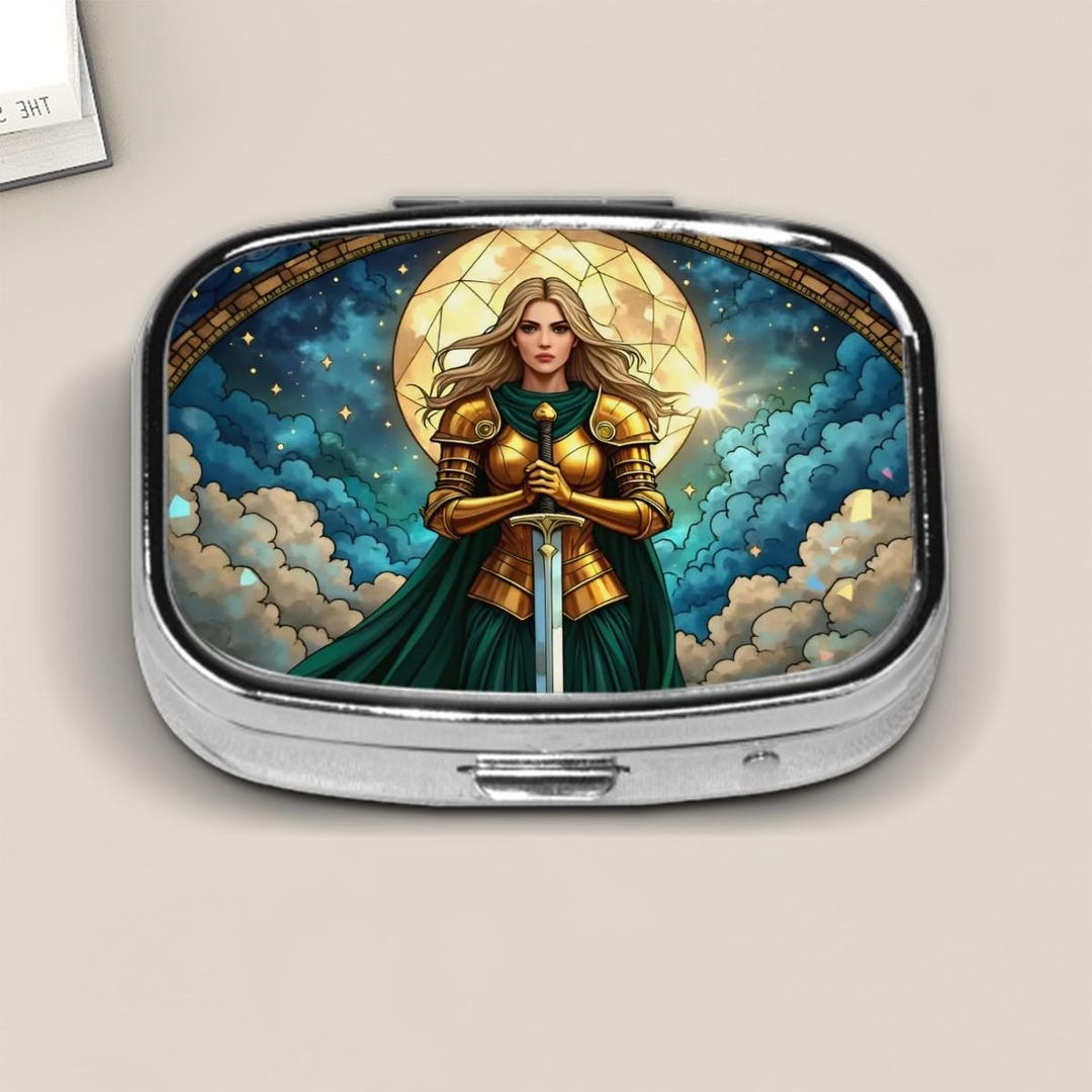 Moonlight Warrior Pill Box –stained Glass Style, Fantasy Woman in Gold ...