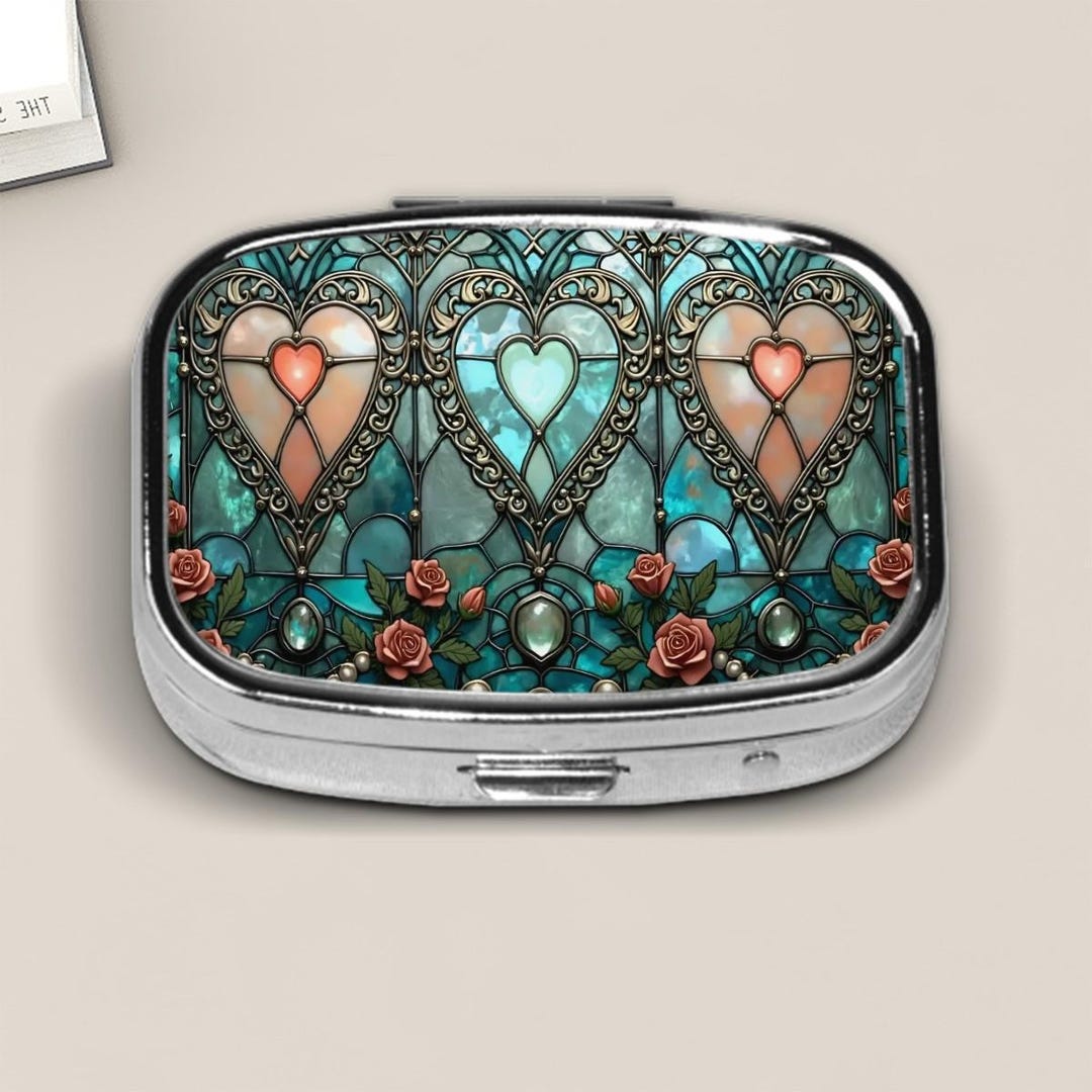 Romantic Stained Glass Style Heart Pill Box – Vintage Rose & Aqua Teal ...