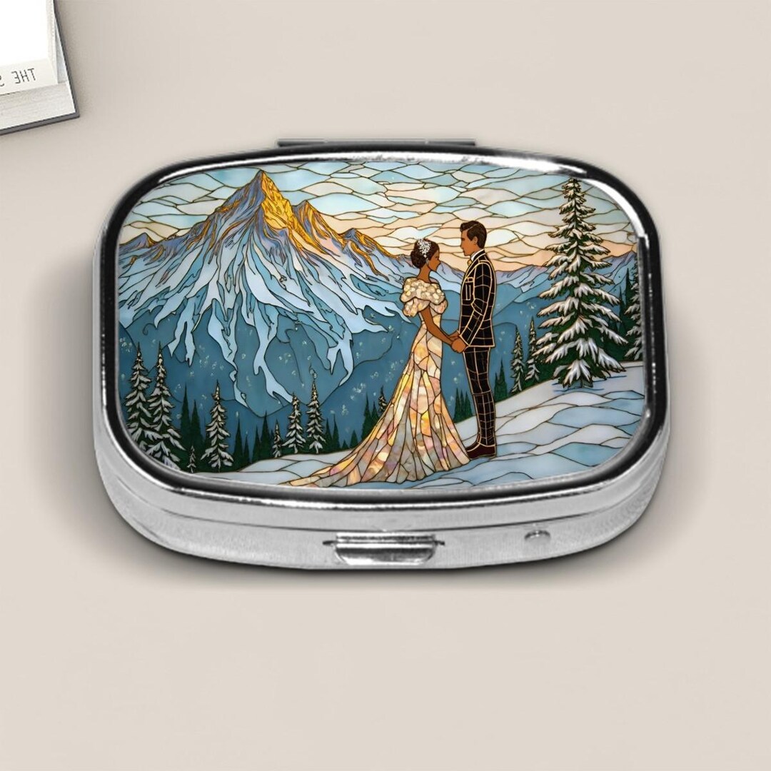 Stained Glass Style Mountain Wedding Pill Box – Bride and Groom Holding ...