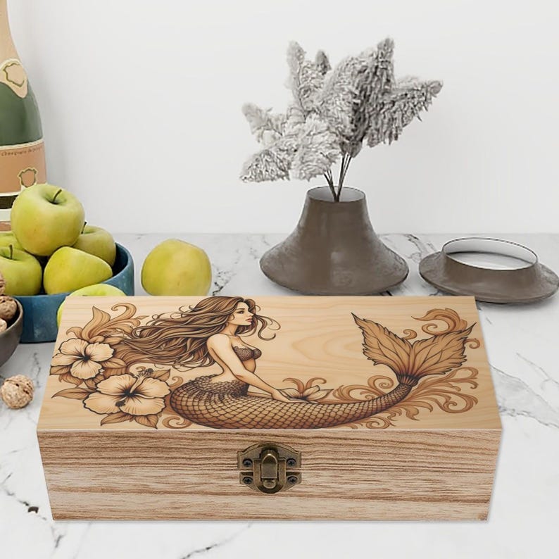 Mermaid Wood Keepsake Box – Floral Pyrography Style Design, Ocean ...