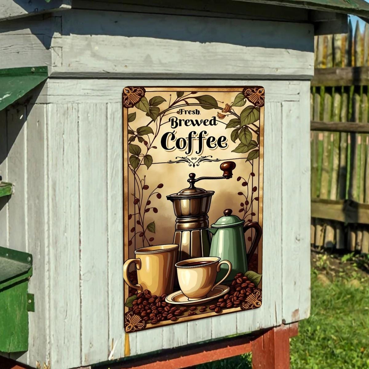Fresh Brewed Coffee Tin Sign – Vintage Coffee Wall Art With Grinder ...
