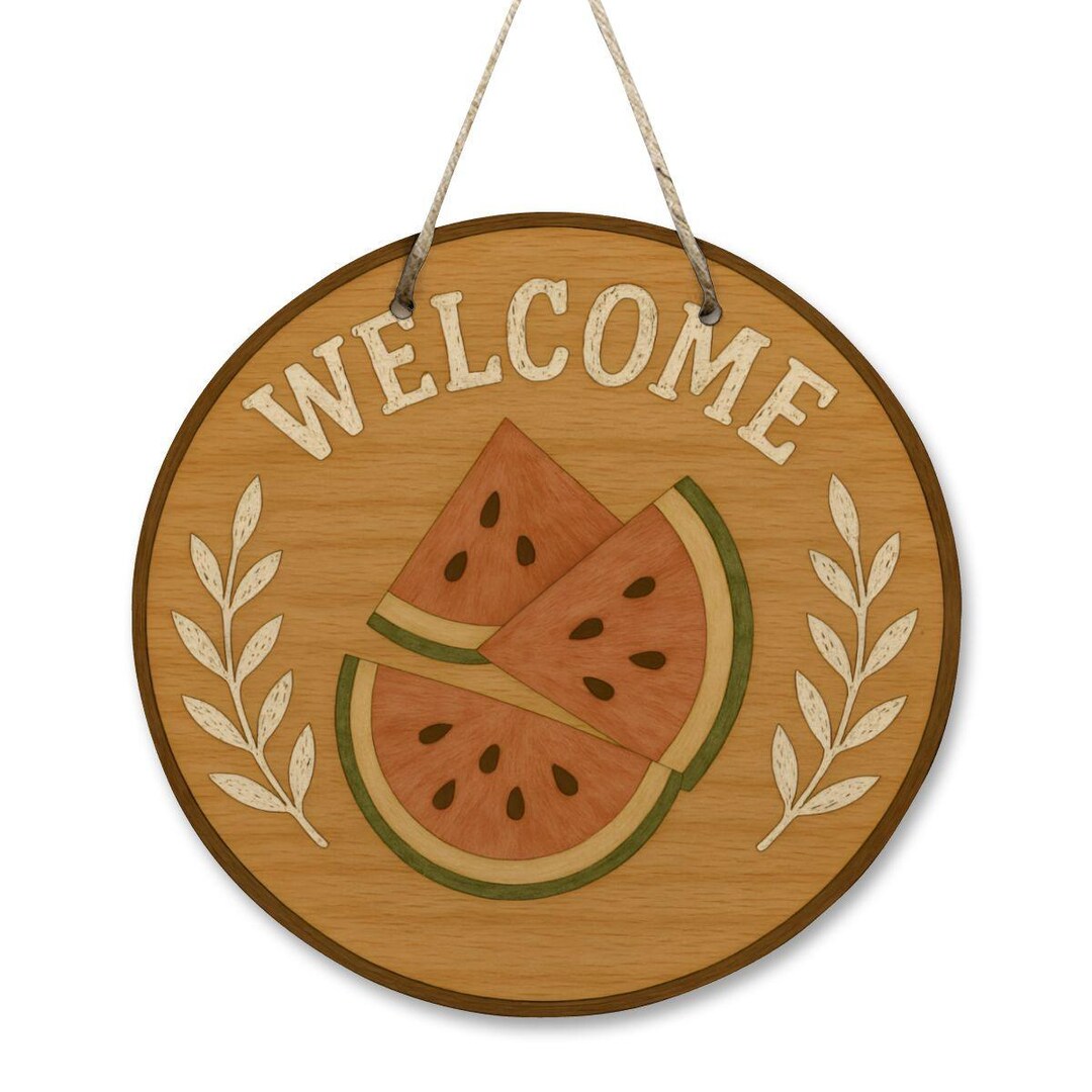 Watermelon Welcome Sign – Rustic Wood Inlay Style Round Door Hanger ...