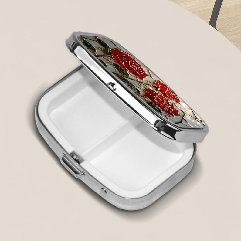 Red Rose Stained Glass Style Pill Box (PRINT) Floral Travel Pill Case ...