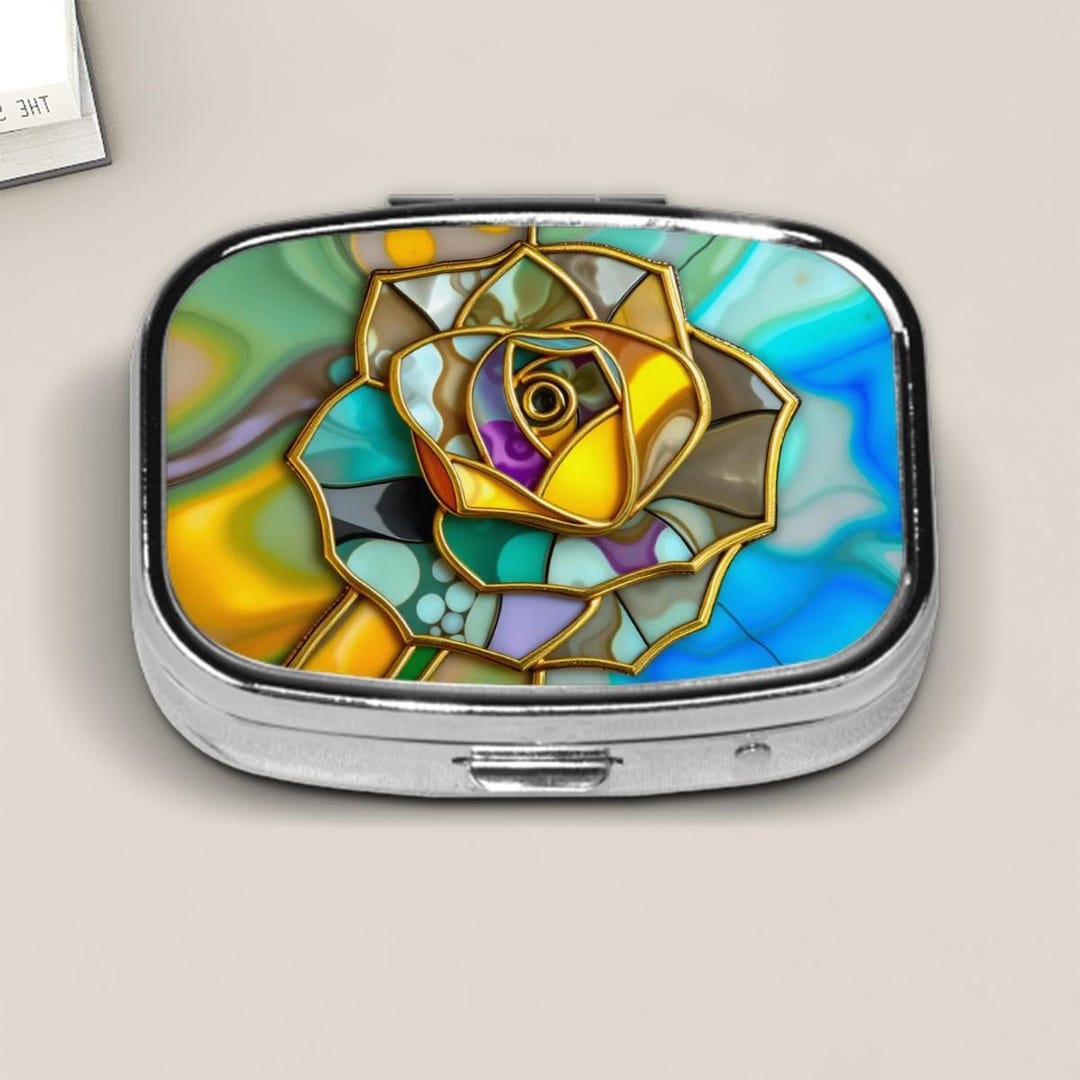 Stained Glass Style Rose Pill Box – Vibrant Yellow Floral Travel Pill ...