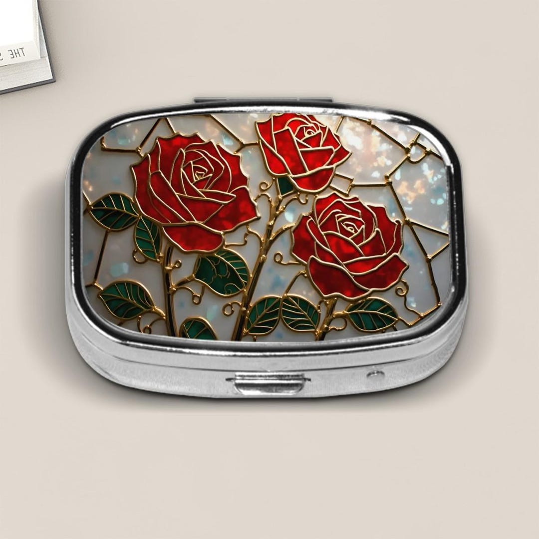 Red Rose Stained Glass Style Pill Box (UV PRINT) Floral Travel Pill ...