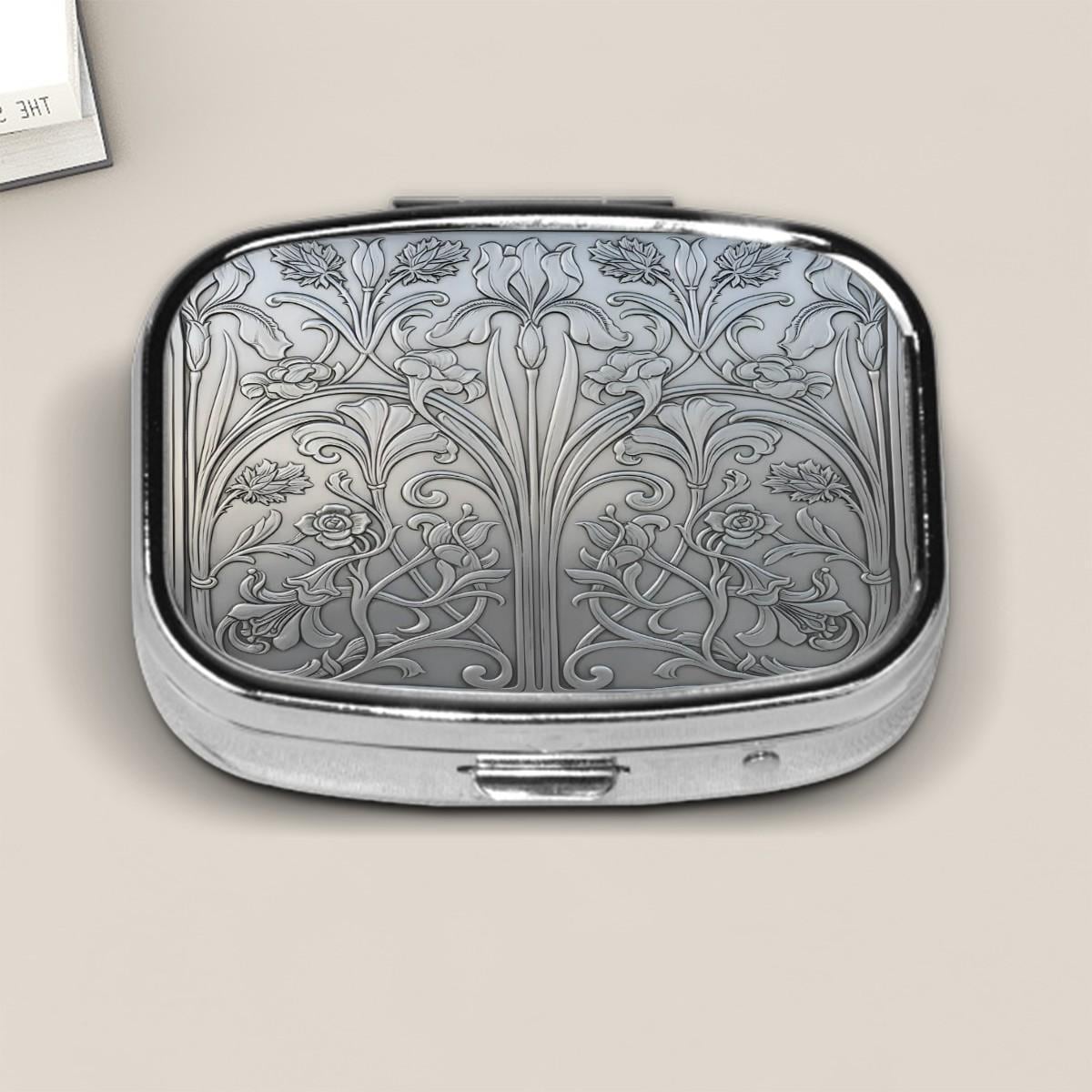 Art Nouveau Iris & Rose Pill Box Faux (PRINT) Embossed Silver Metal ...